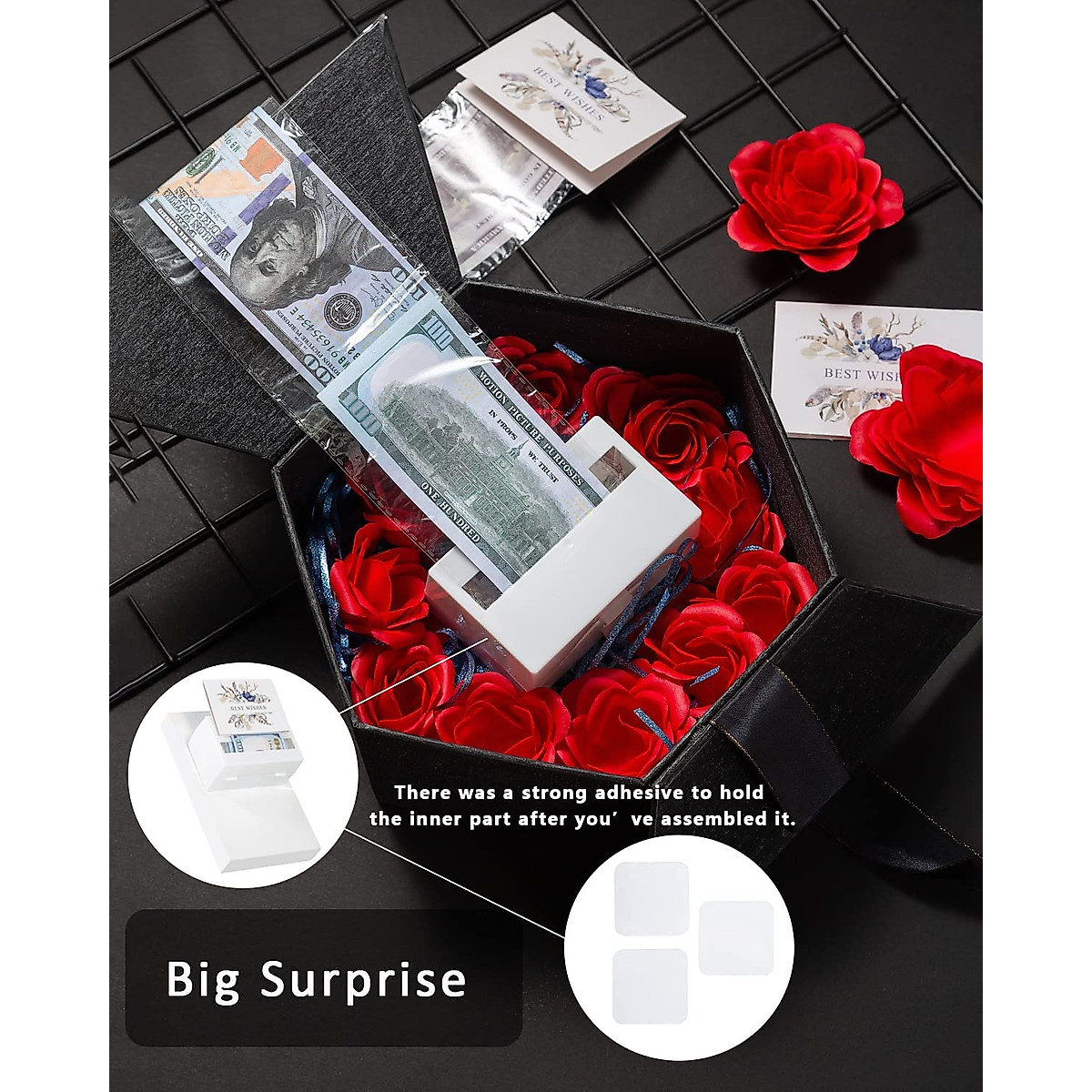 JSUPMKJ Money Box for Cash Gift Pull, Money Roll Gift Box with Flower, 9 inches Large Gift Ribbon Box, Surprise Money Gift Box for Birthday/Christmas/Valentine's Day