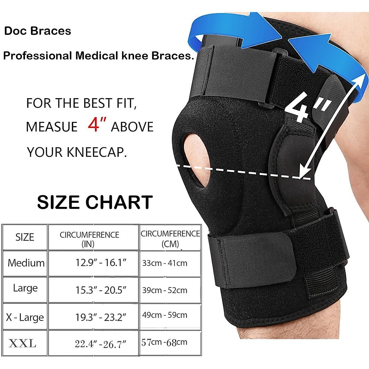 Docbraces Hinged Knee Brace for Knee Pain, Adjustable Compression Knee Support Brace for Men & Women, Open Patella Knee Wrap for Swollen,Meniscus Tear,ACL,PCL,Joint Pain Relief,Injury Recovery