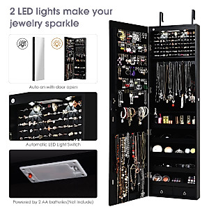 Giantex Wall Door Mounted Jewelry Armoire Cabinet with 47.5" H Full Length Mirror, 2 LEDs Lockable Jewelry Organizer Box with Bracelet Rod, 2 Drawers, Large Storage Capacity (Black)