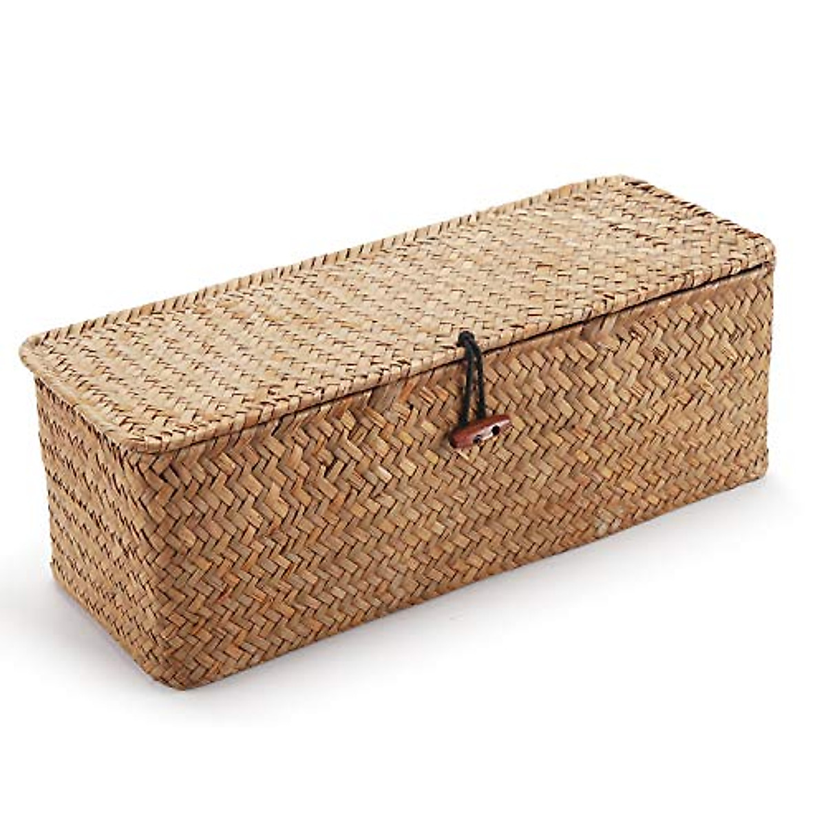 Seagrass Tank Basket with Lid Woven Toilet Roll Storage Basket with Sections Rectangular for Organize Snack Toys (Large Compartment 16.5inch L x 5.5inch W x 5.5inch H)