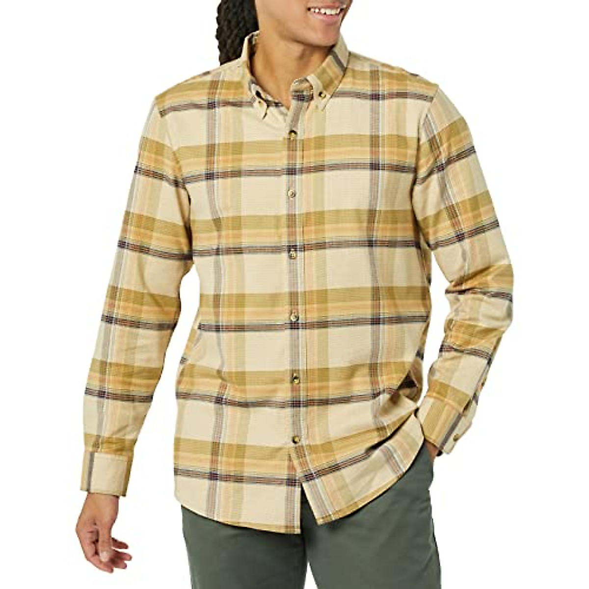 Goodthreads Men's Standard-Fit Long-Sleeve Stretch Oxford Shirt, Tan Plaid, X-Large