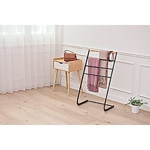 ikloo 32 Inch 4-Tier Freestanding Black Metal with Pine Wood Towel Rack for Bathroom with Hanging Bars, Laundry Room Drying Rack Organizer, Bathroom Storage Stand.