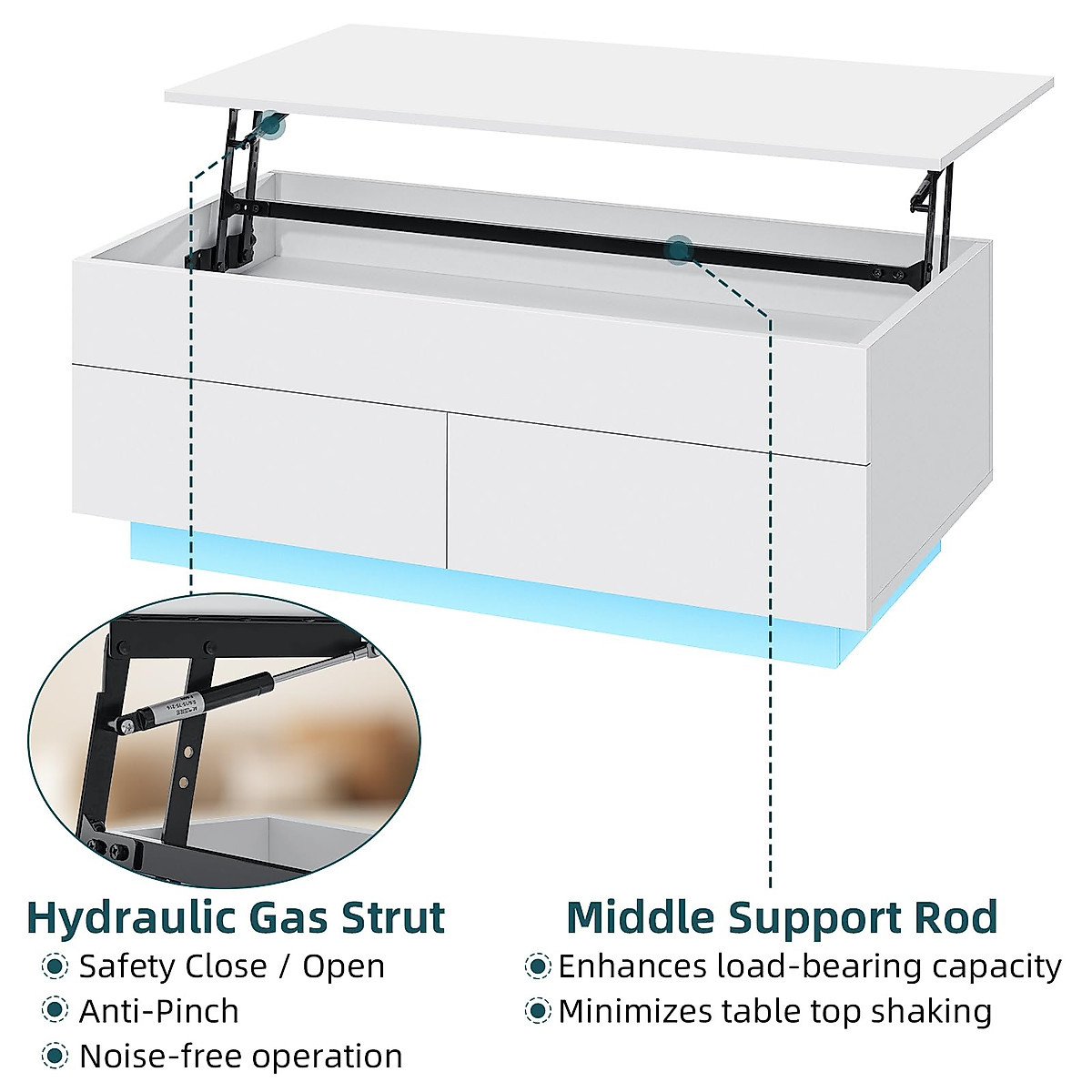 HOMMPA Lift Top Coffee Table with Hidden Storage LED Coffee table Morden High Gloss White Living Room 3 Tiers Tea Table with Storage Center Tables Hidden Compartment & 2 Drawers