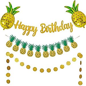 Gold Glittery Birthday Banner with Pineapple garland and Gold Circle Dots Garland for Hawaiian Luau Tropical Summer Theme Party Garland Favor Party Decortaion Supplies