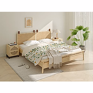 ZeHuoGe Natural Rattan Queen Headboard Decorative Panel with 2 Faux PU Leather Trim Strips, Wall-Mounted Headboard (Queen)