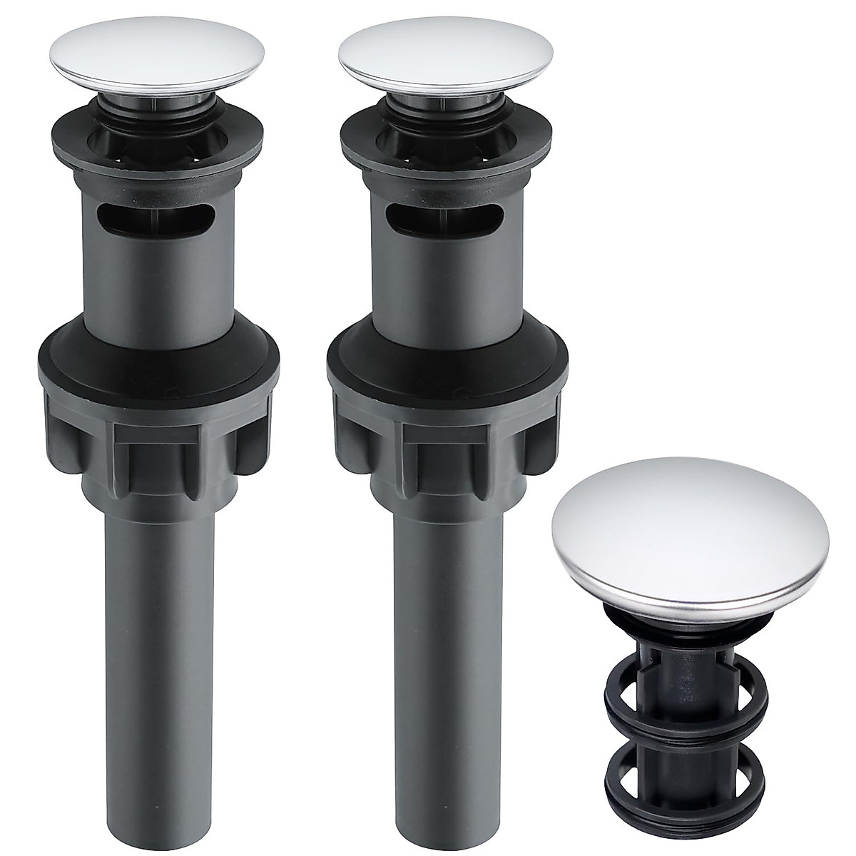 iFealClear 2 Pack Pop Up Drain Stopper with Overflow, Push and Seal Pop Up Drain Stopper for Faucet Vessel, Anti-Explosion & Anti-Clogging pop up Plunger Bathroom Sink Drain Assembly, Polished Chrome