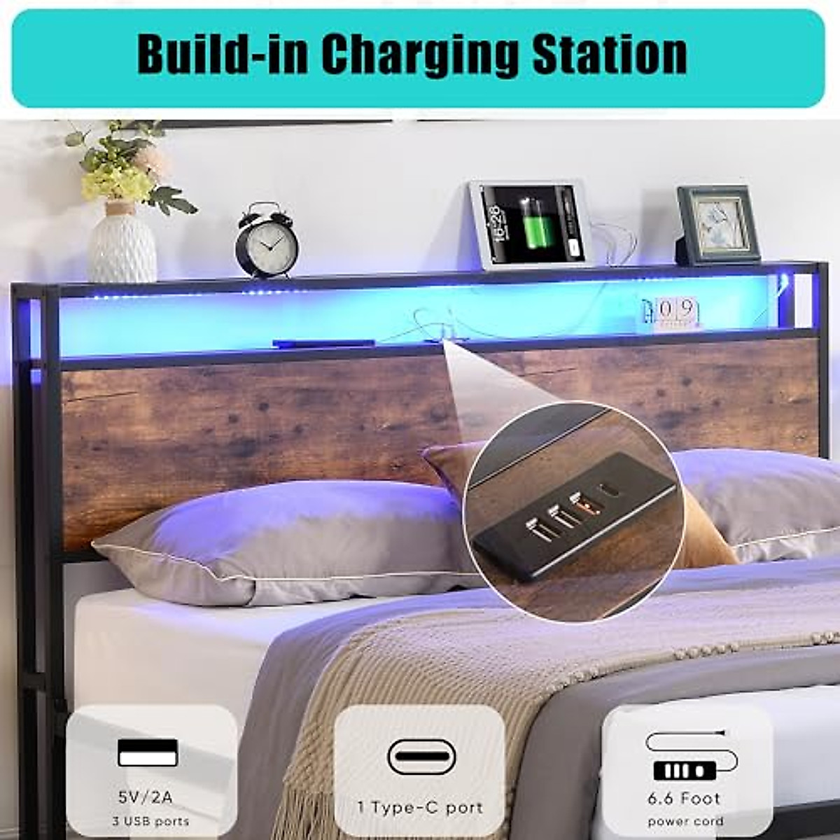 SAMTRA Bed Frame with Headboard & 2 Storage Drawers, Wooden Headboard with Led Lights and Charging Station Shelf, Metal Platform & Slat Bedframe, Easy Assembly (Brown Simple (with 2 Drawers), Queen)