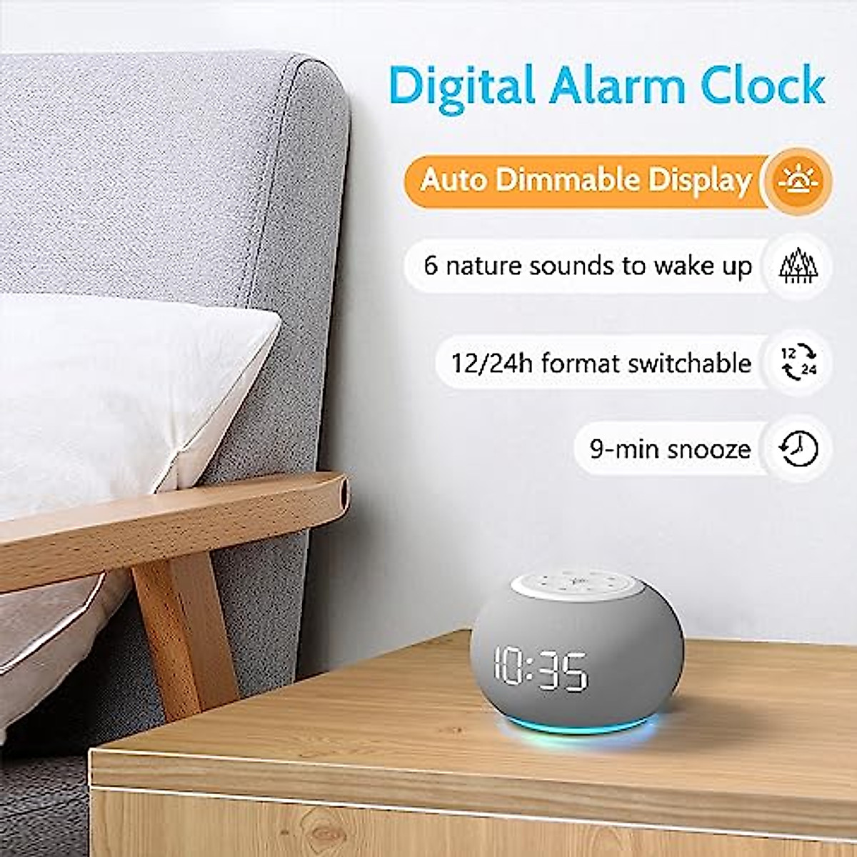 Reacher Auto-Dimmable Sound Machine Alarm Clock with Night Light, 20 Soothing Sounds, LED Digital Display, Sleep Timer, Precise Volume Control, White Noise Soother for Baby, Adults, Bedrooms