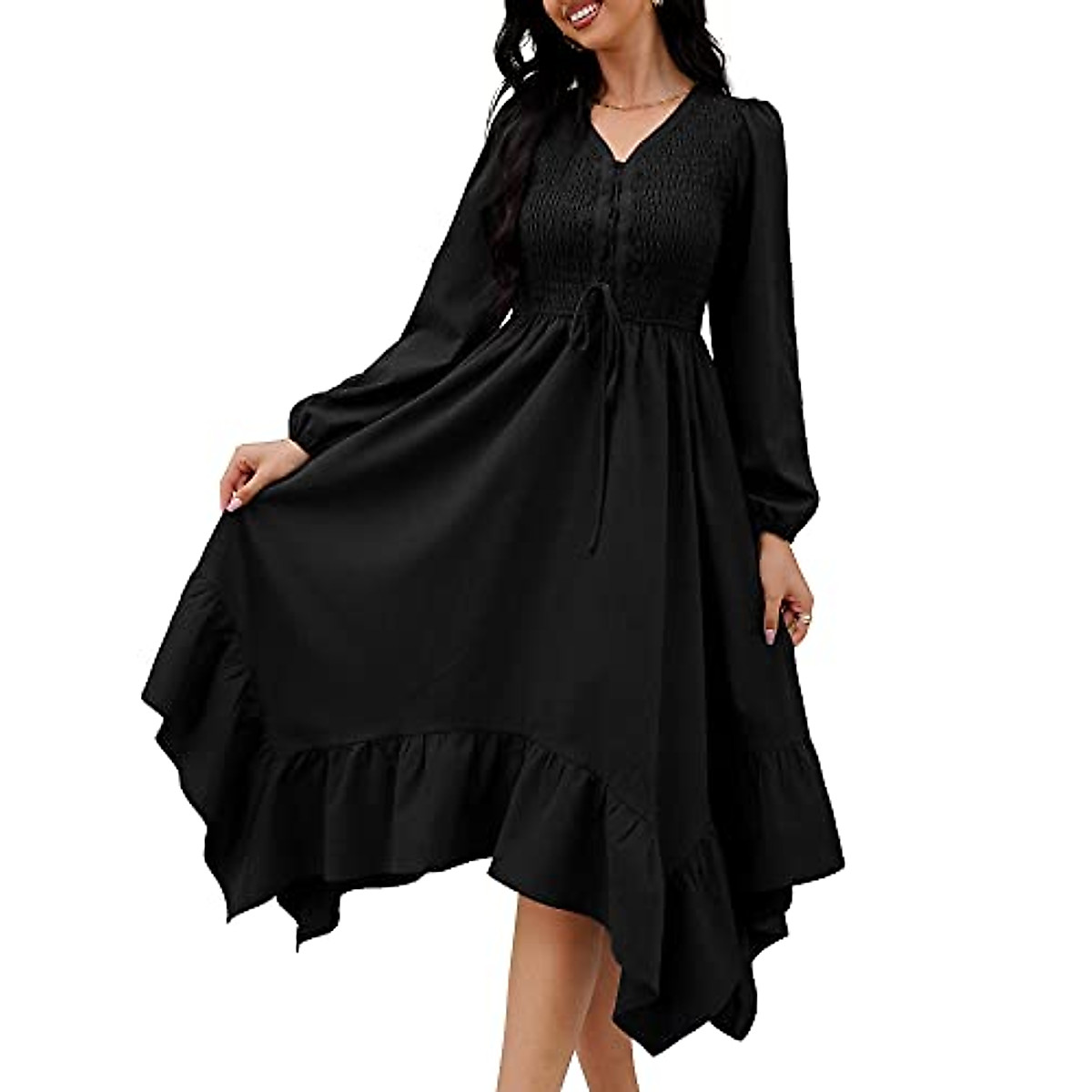 ZAFUL Women's Deep V Neck Smocked Flutter Hem Drawstring Tie Front Long Sleeve Flowy Midi A-Line Dress with Pockets Black