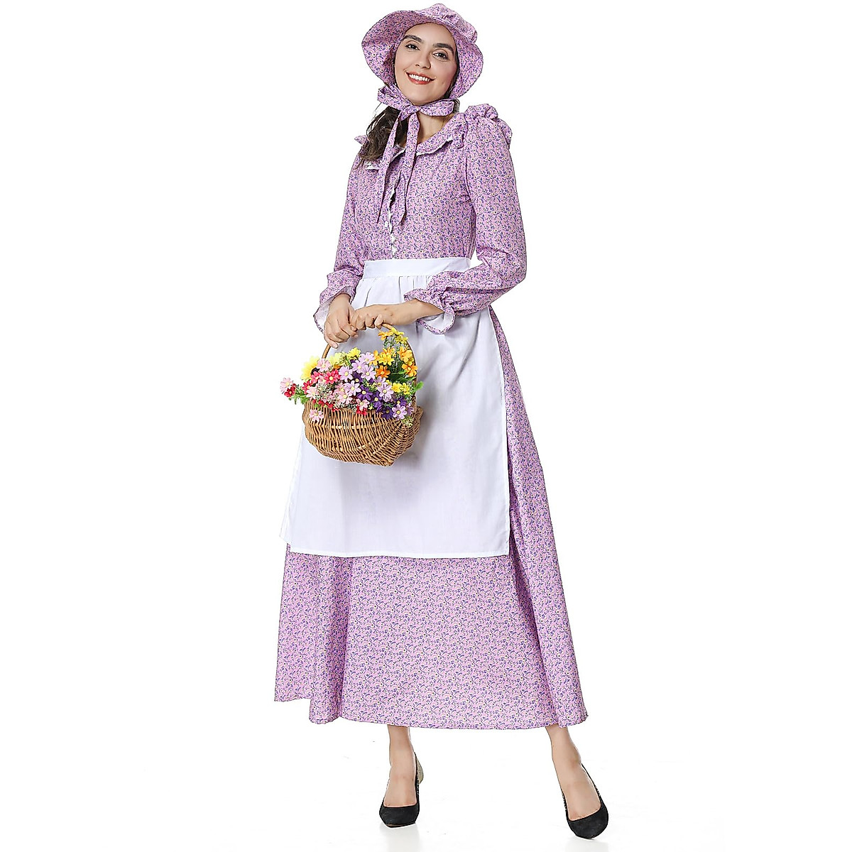 GRAJTCIN Pioneer Woman Costume Colonial Prairie Dress Women Floral Historical Costume Halloween Dress Up Long Sleeves Purple - Medium