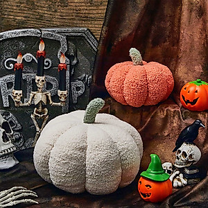Juexica Halloween Stuffed Pumpkin Fluffy Plush Toy 3D Shaped Decorative Thanksgiving Pillow Soft Cute Throw, 11 Inch, 7 Inch(White, Orange, 2 Pcs)
