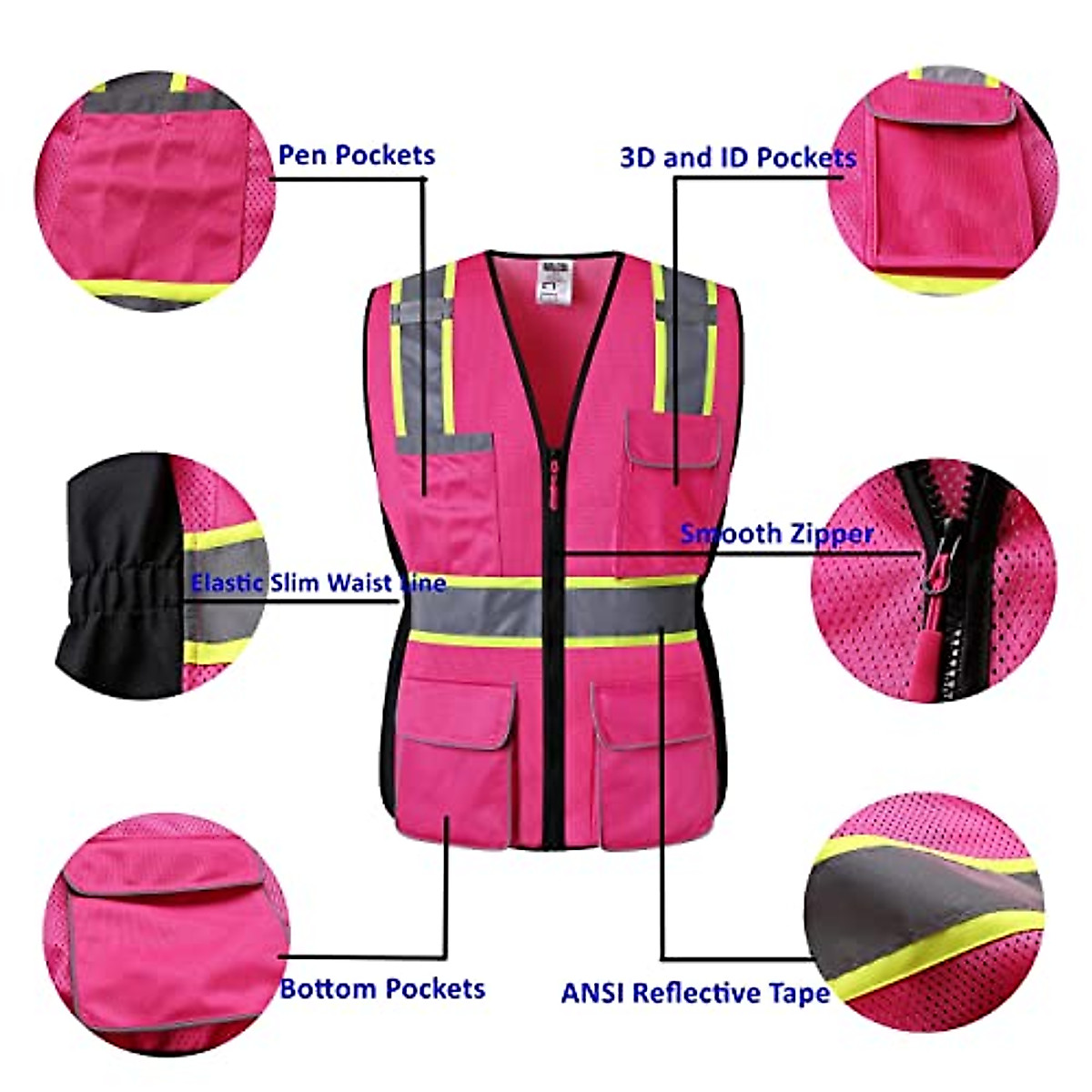JKWEAR Women Safety Vest, Multi Pockets High Visibility Reflective Breathable Mesh Work Vest For Lady, Durable Zipper (Small, Pink Purple)