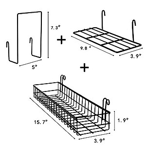 FRIADE Wall Grid Panel Hanging Basket with Hooks,Bookshelf,Display Shelf,Wall Organizer and Metal Shelving for Home Supplies,1 Set of 3 (Black)
