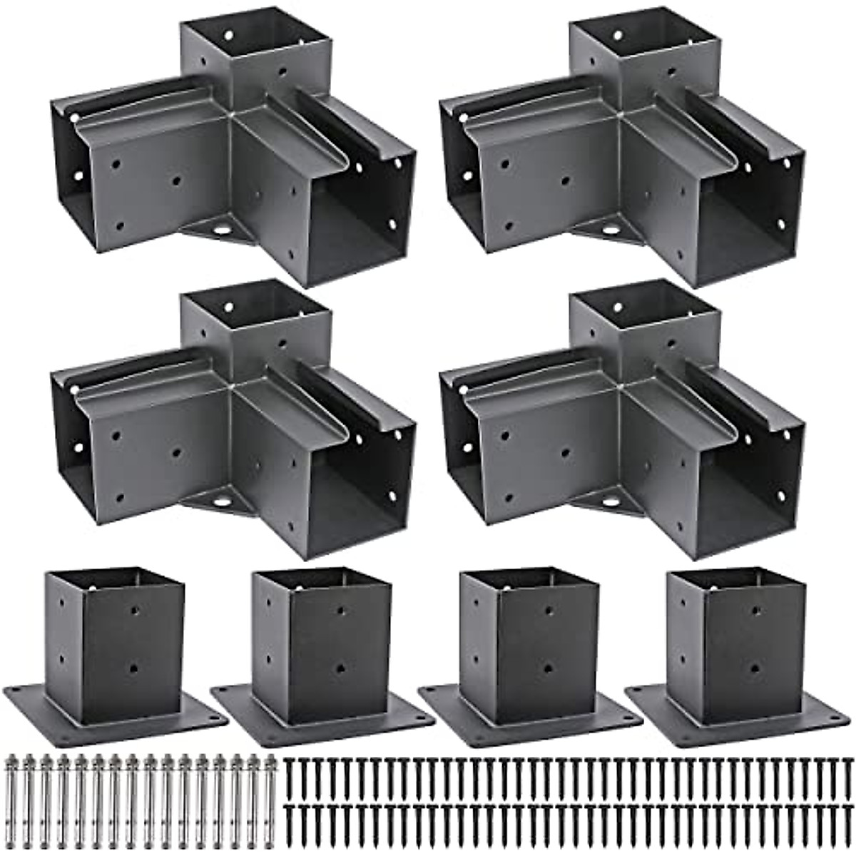 Deck Man 4x4(Actual Size: 3.5x3.5inch) Stainless Steel 3-Way Right Corner pergola Bracket with 4 Flange Anchors，Pergola/Gazebo kit (4 Pack)