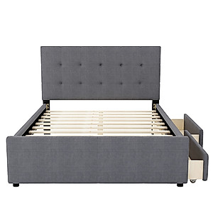 RUNWON Queen Size Linen Upholstered Platform Bed Frame with Headboard and Two Drawers for Bedroom, Grey