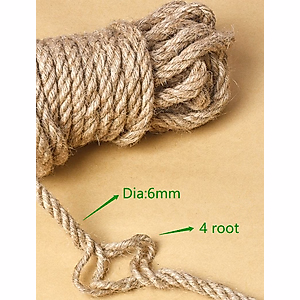 Nature Hemp Rope,1/4inch Heavy Duty Jute Twine for Cat Tree and Tower, DIY Scratcher Scratching Post Replacement, Pad, Crafts Gardening Hammock Home Decorating（33FT）