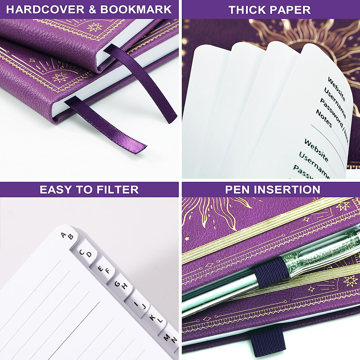 Password Book - Hardcover Password Book with Alphabetical Tabs for Internet Website Address Login, Pocket Size Password Keeper, 5.0" x 6.8", Password Organizer for Home Office Desk Use - Purple