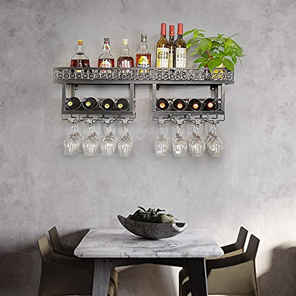 Industrial Wine Rack Cabinet Upside Down Wine Glass Bar Glass Rack Hanging Wall Wine Rack Include Wall-Mounted Wine Rack Wall Shelf 16-24 Wine Glasses Cases (39.4" x 11.8" x 11.8" Double Layer)