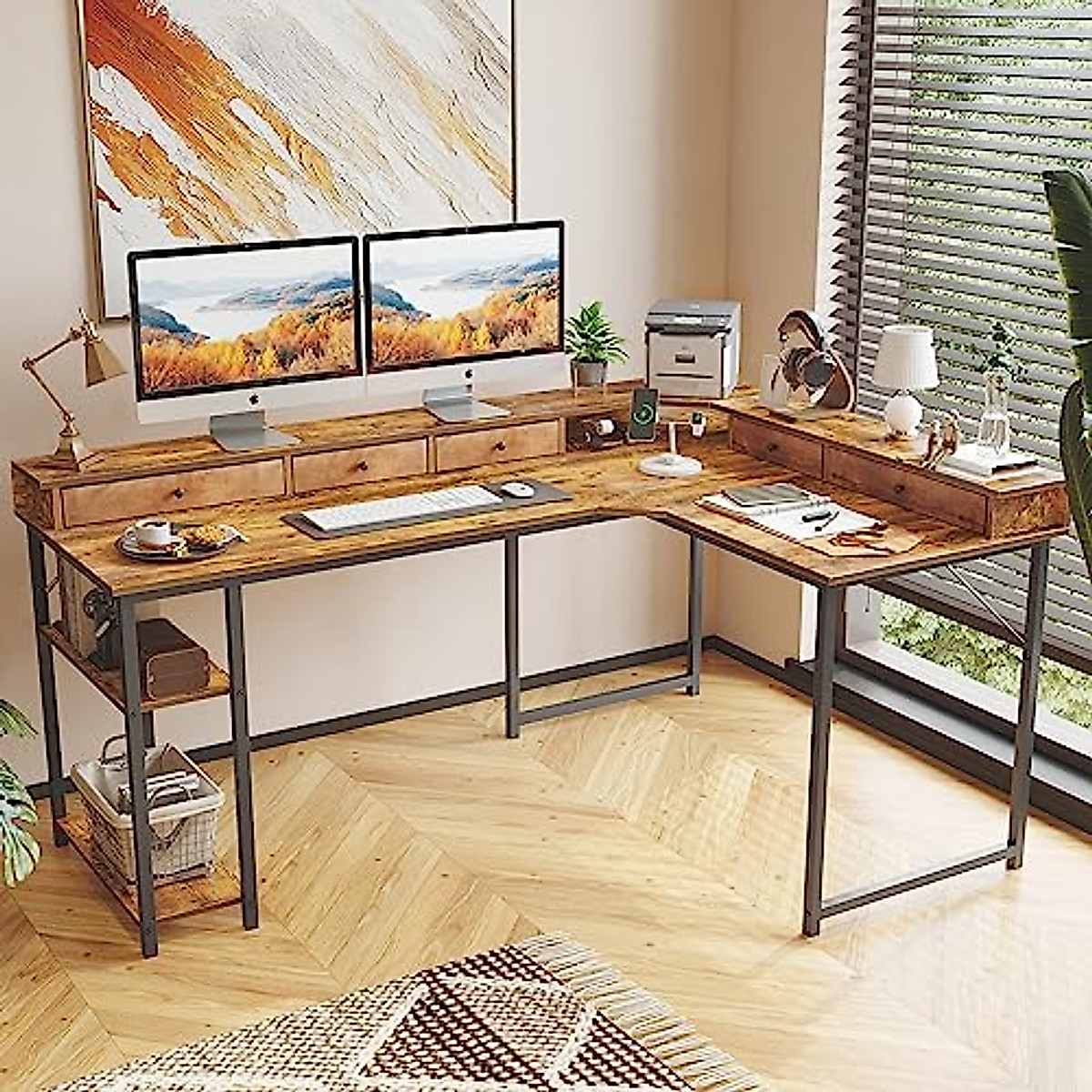Treesland L Shaped Desk, 67 Inch Computer Desk with 5 Drawers, Wooden Office Desk with Monitor Stand, Sturdy Corner Writing Desk, Rustic Brown