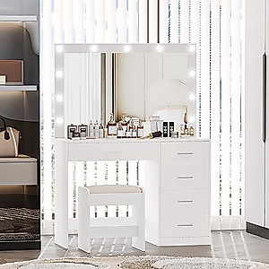 Keehusux Vanity Table with Large Mirror and 3 Color Adjustable Lights, Bedroom Makeup Vanity with Charging Station, Makeup Dressing Table with 5 Drawers for Women, Wife, White KES002WSZT