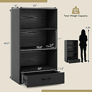 LOKO 4-Tier Bookcase with Storage Drawer, Modern Organizer Display Storage Shelves with Anti-toppling Device, Freestanding Bookshelf with 3 Open Shelves & 1 Drawer, Living Room, Study, Office (Black)