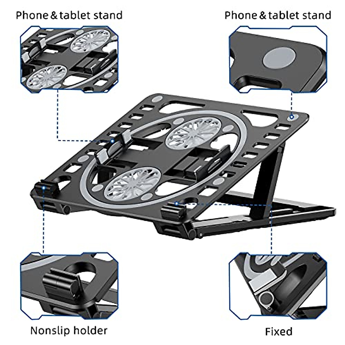 Laptop Cooling Pad, Portable 10-17 Inch Laptop Stand with 2 Rotate Led Fans, Elevator 6 Angle Adjustable Laptop Cooler with Phone, Tablet, Laptop Notebooks Stand Gifts for Men Boys, Black