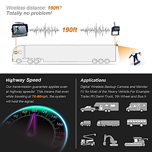 Digital Wireless Backup Camera Kit, 7 Inch Display and 720P HD Resolution, Wide Angle Rear View Camera with Night Vision, 190ft Wireless Reverse Camera System Suitable for Truck, Motorhome, 5th Wheel
