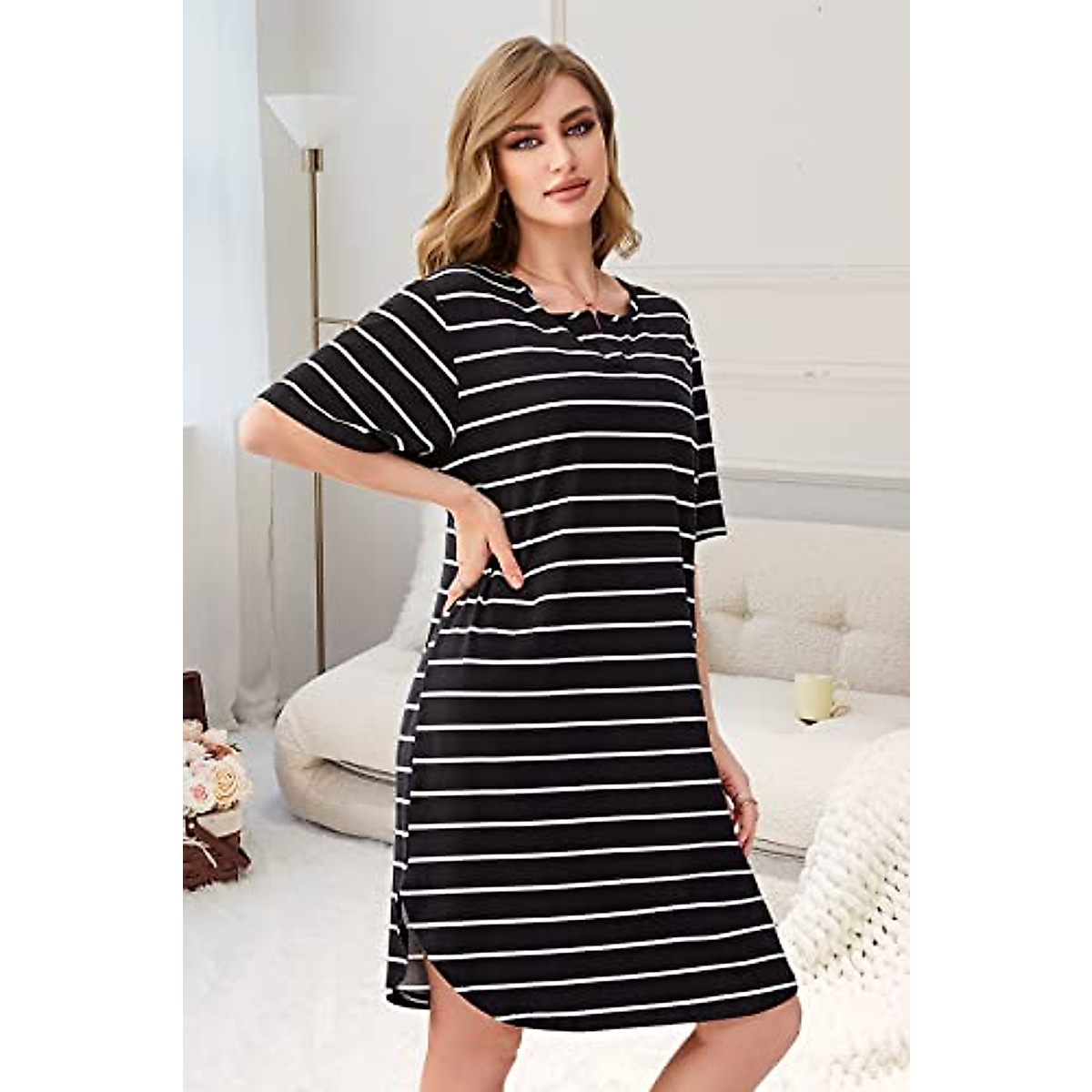 FENTENG Nightgown for Women Sleepwear Loose Short Sleeve Nightdress V Neck Nightgowns Print Sleepshirts Comfy Nightshirt (Black1, XXL)