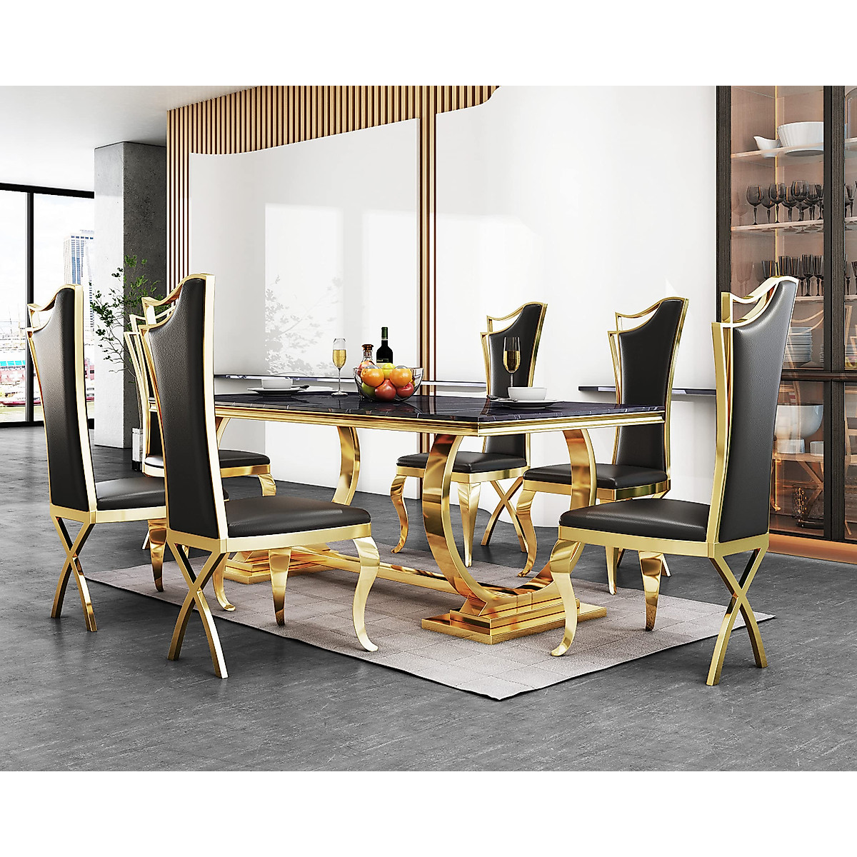 70" Marble Dining Table for 6-8, Luxury Gold Kitchen Table, Mid-Century Modern Black Fuax Marble Dining Room Table with Stainless Steel Pedestal, Large Dining Table for Kitchen Dining Office