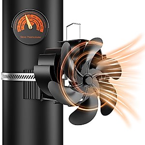 Zgrmbo Wood Stove Fan, 6 Blades Heat Powered Fireplace Fan with Magnetic Thermometer, Upgrade Chimney-Bundled Type Fireplace Fan, Silent Eco Fans for Log Burner Metal Wood Stove Pipe