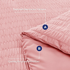 HYMOKEGE Pink Duvet Cover Queen Size, Ultra Soft 3-Piece Seersucker Duvet Cover Set with Zipper Closure, Soft Brushed Microfiber Bedding Set with 8 Corner Ties (90"x90", 2 Pillowshams)
