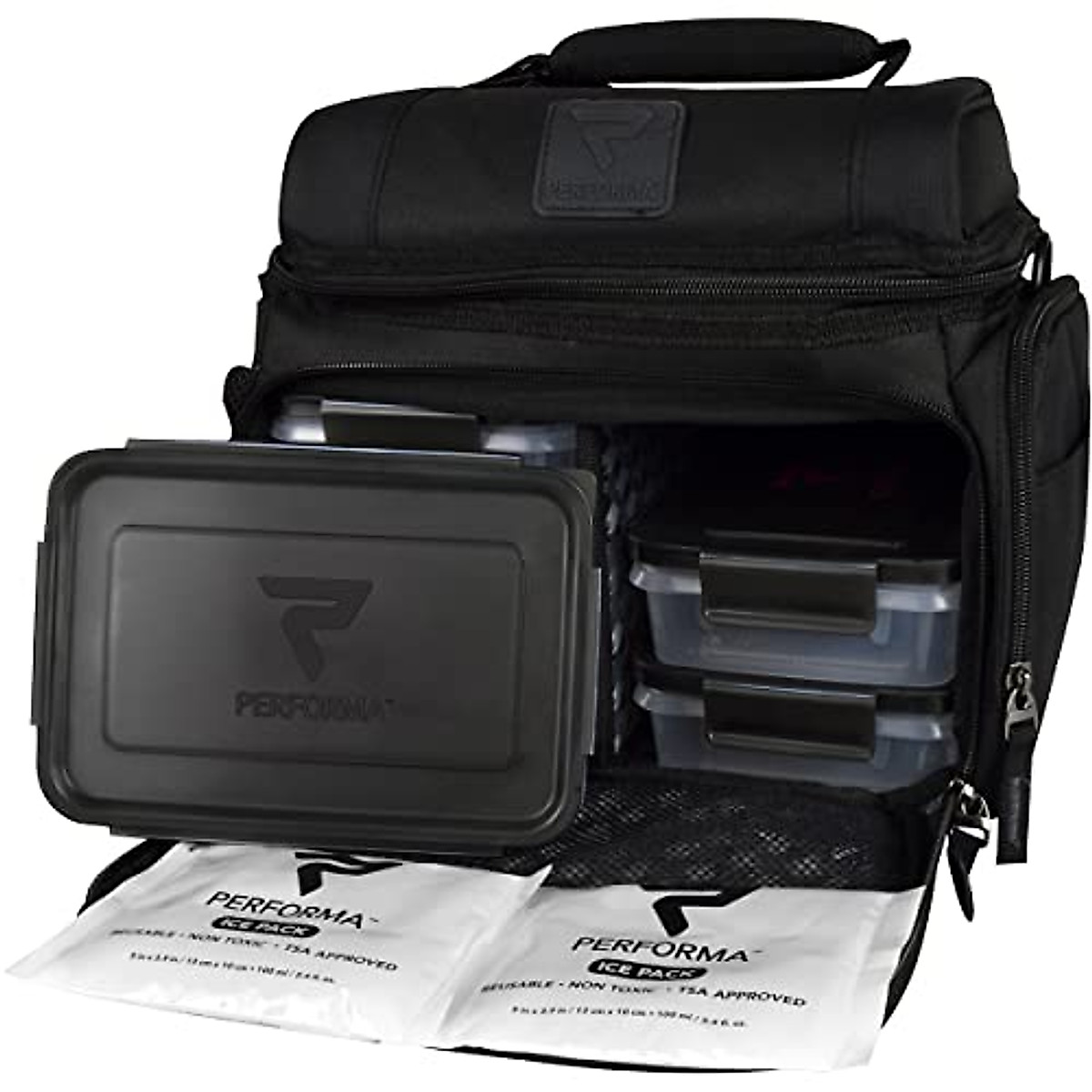 PERFORMA Meal Prep Matrix 6 Meal Cooler Bag - Organized and Insulated 6 Lunch Prep Bag with Two Ice Packs and Shoulder Strap To Accommodate Your Daily Meal Prepping (Black)