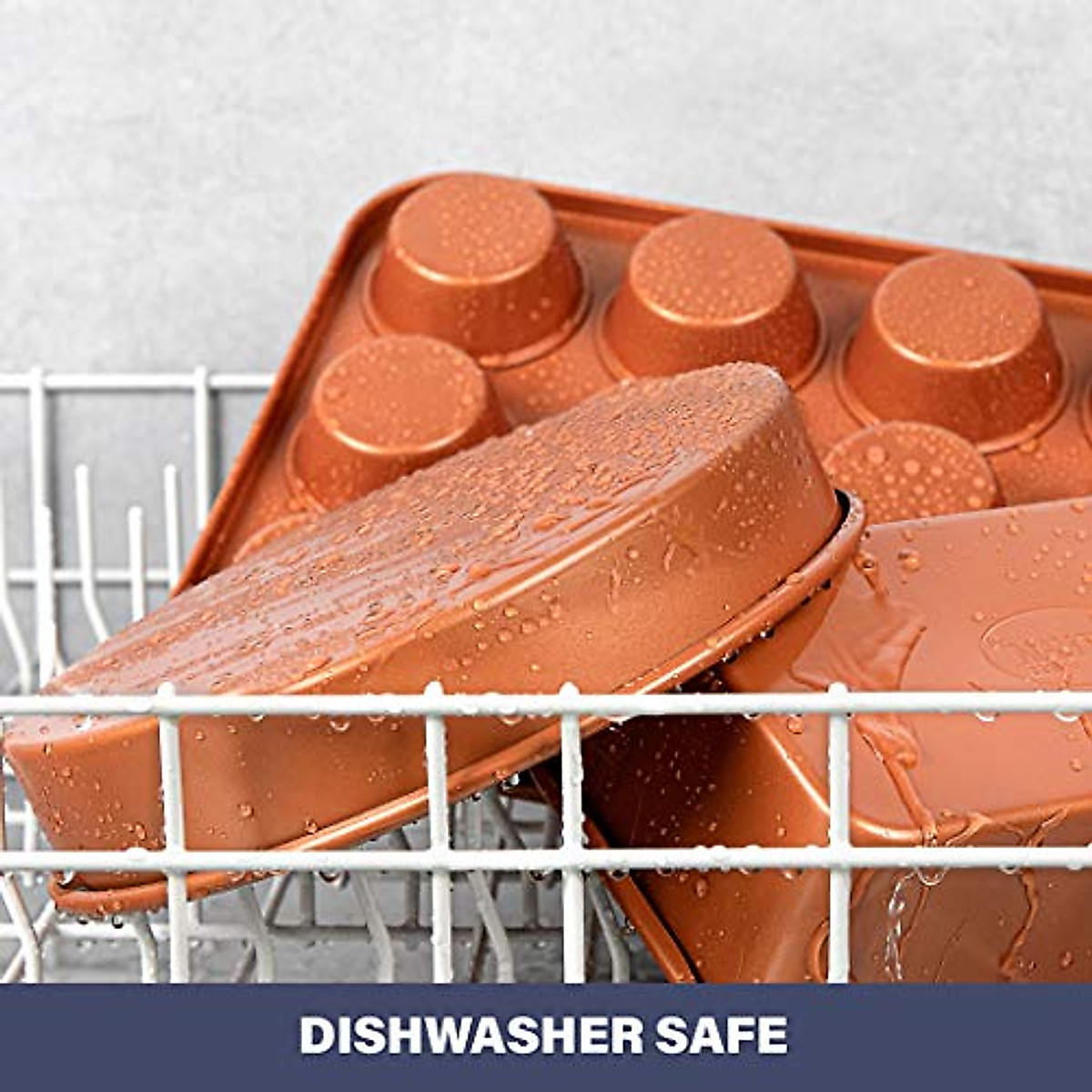 Gotham Steel Non Stick Ceramic Bakeware Set, 5 Piece No Warp & Dishwasher Safe Baking Set, Baking Pans Set with Round & Square Baking Pan, Muffin Pan, Loaf Pan & Baking Sheet for oven, 100% PFOA Free