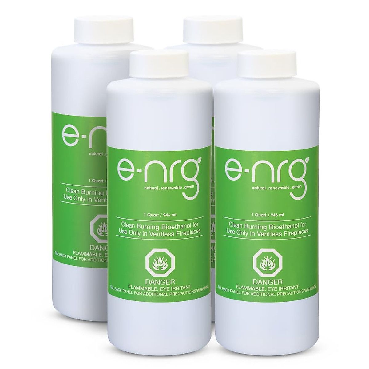e-NRG Bio Ethanol Fuel for Fire Pit, Tabletop, Wall Fireplace (4-Pack) Best Flame, Longer Burn, Fast Pour, Smoke & Odor-Free, 3rd-Party Safety Tested, Made in USA - Bioethanol Alcohol (4 Quarts)