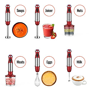 KOIOS 800W 4-in-1 Multifunctional Hand Immersion Blender, 12 Speed 304 Stainless Steel Stick Blender, Titanium Plated, 600ml Mixing Beaker, 500ml Food Processor, Whisk Attachment, BPA-Free, Red