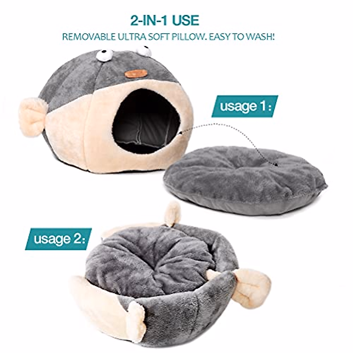 Cat Beds for Indoor Cats - Cat Bed Cave with Removable Washable Cushioned Pillow, Soft Plush Premium Cotton No Deformation Pet Bed, Lively Pufferfish Cat House Design, Grey, Multiple Sizes(S)