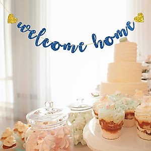Welcome Home Banner, Glitter Welcome Party, Retirement, New House, Moving Away Party Decoration Supplies Blue Glitter