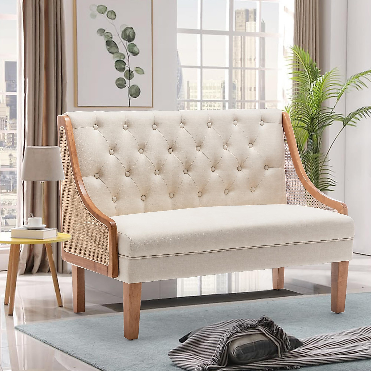 Yongqiang Modern Settee with Back Small Loveseat Sofa Rattan Upholstered Dining Banquette Seating for Kitchen Dining Room Living Room Linen Button Tufted Mini Couch