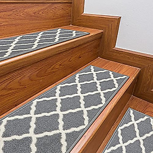 Machine Washable Moroccan Trellis Design Non-Slip Rubberback 8.5" x 26" Traditional Indoor Stair Treads for Wooden Stairs, 14 Pack, Gray