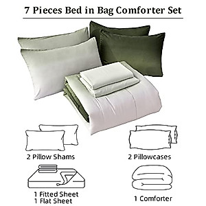 7 Pieces Gradient Olive Green Comforter Set Queen - Lightweight Green Bed in a Bag Queen Size Set, All Season Down Alternative Complete Bedding Set with Flat/Fitted Sheet, Pillowcases and Pillow Shams