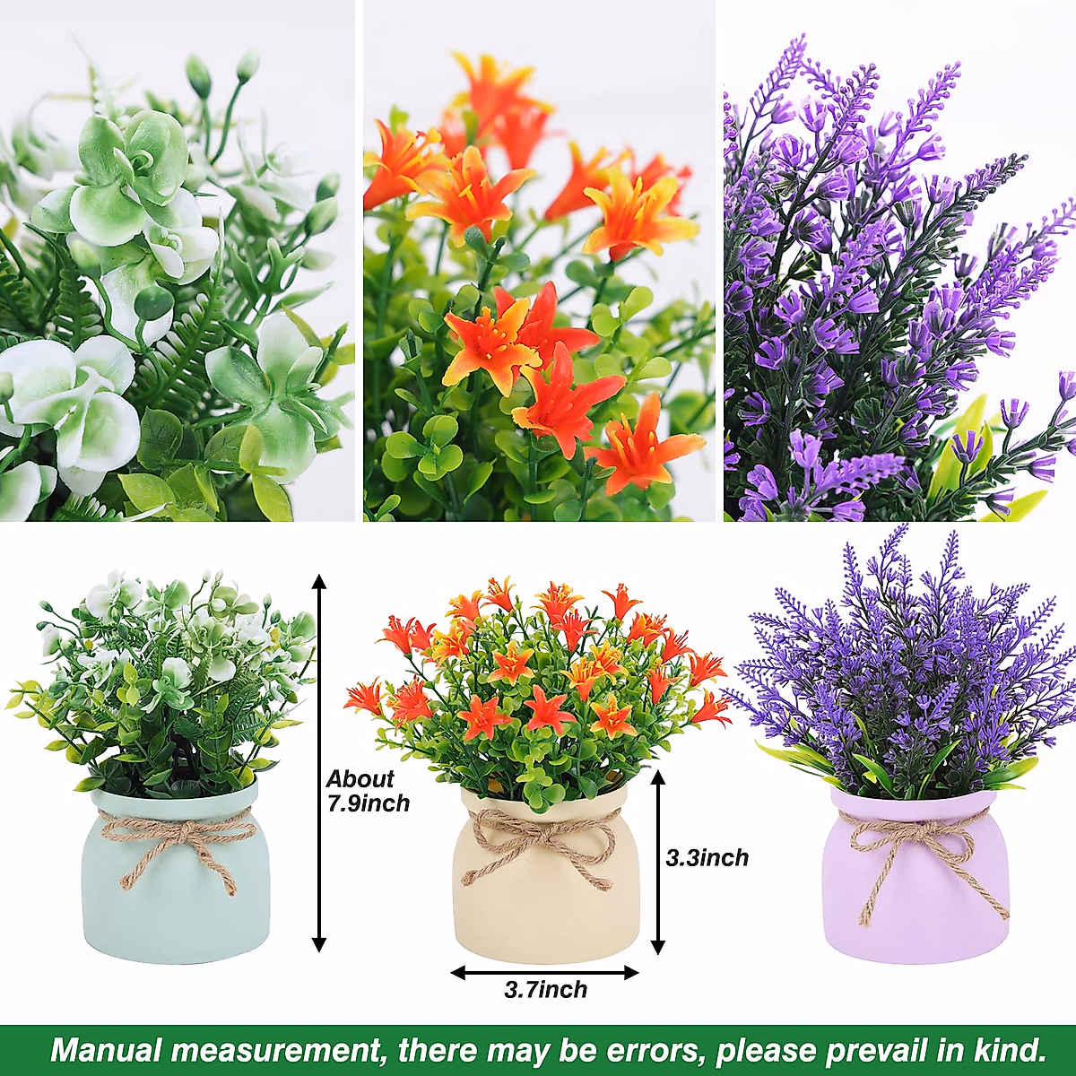 CEWOR Small Artificial Plants, 3 Pack Fake Potted Plants, Small Flowers Artificial Lavender Eucalyptus Boxwood in Plastic Macaron Pots for Home Decor Indoor Outdoor