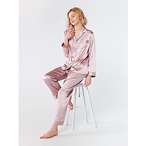 SIORO Womens Silk Pajamas Soft Long Satin Sleepwear Ladies Pajama Sets Button Down Loungewear Pyjamas Suit, Dusty Rose, Large