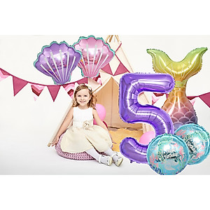 Mermaid Birthday Party Decorations, Mermaid Birthday Party Supplies Included Mermaid Tail Seashell and 40 Inch Purple Number 5 Balloons, Girl's 5th Birthday Party and Baby Shower Favors