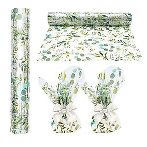 Whaline Eucalyptus Cellophane Wrap Roll Greenery Clear Wrapping Paper Green Leaves Plastic Gift Basket Wrap for Wedding Birthday Baby Shower Party Candy Treat DIY Craft Supplies, 32 Inch x 100 Ft