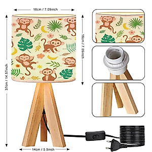 OEPWQIWEPZ Tripod Bedside Desk Table Lamp Seamless Baby Monkey Banana Tropical Leaves Cartoon Childish Jungle Wood Nightstand Lamp with Linen Fabric Shade for Nursery Bedroom Living Room Kids Room