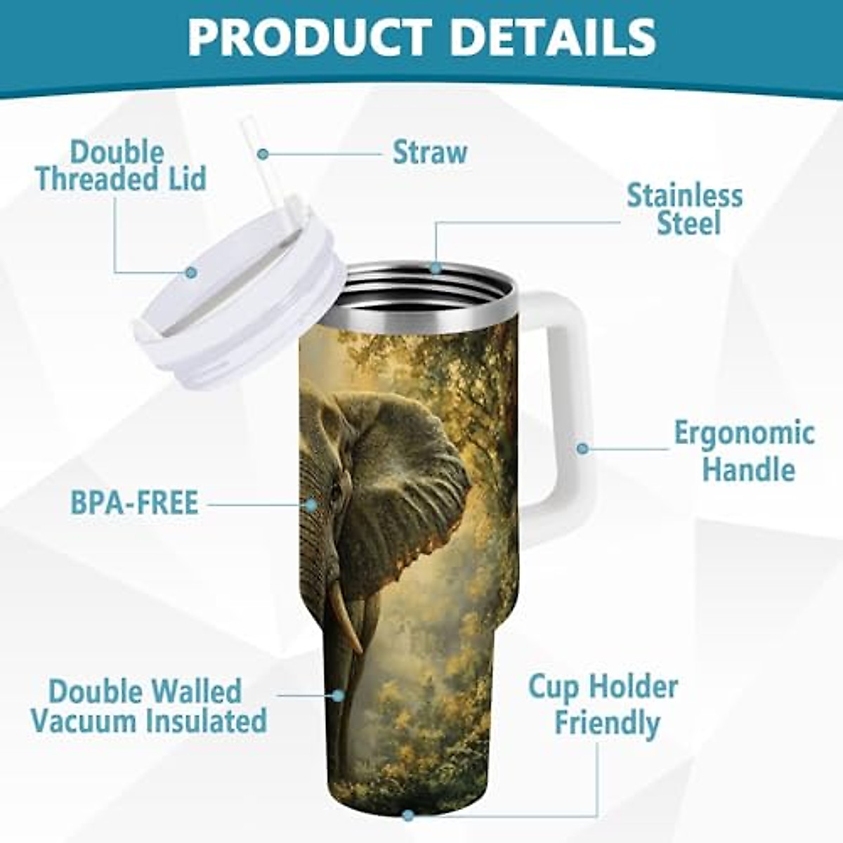Jihqo Jungle Elephant 40 oz Stainless Steel Vacuum Insulated Tumbler with Handle and Straw Lid, Leakproof Water Bottle Double Wall Travel Mug Coffee Cup, Cupholder Friendly