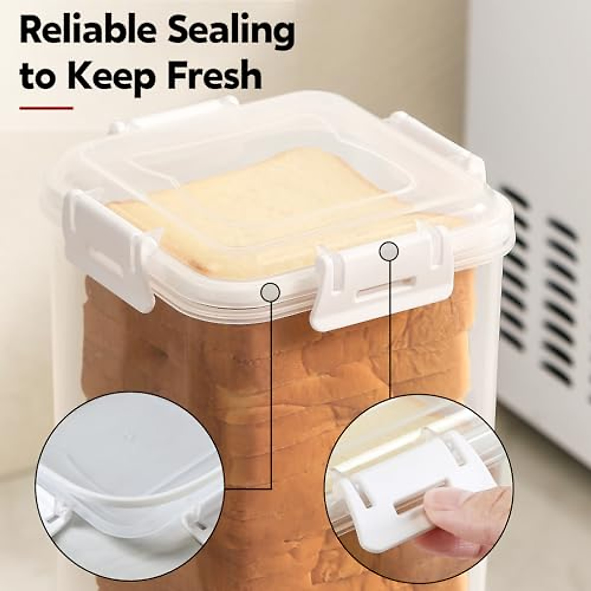 AOZITA Bread Box with Airtight Lid, Bread Storage Container, Bread Loaf Storage Dispenser, Plastic Sandwich Bread Keeper, White Lid, 1 Pack