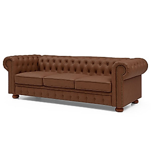 Neylory Leather Couches for Living Room, 3 Seater Classic Chesterfield Sofa Couch with Button Tufted Back and Roll Arms, 88.5-Inch Faux Leather Sofa with Nailhead Trim and Solid Wood Legs (Brown)