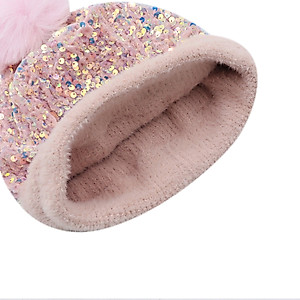 Caviotess Women Sparkly Sequins Knitted Beanie Hat Warm Winter Skull Cap with Faux Fur Pom Pom Light Pink