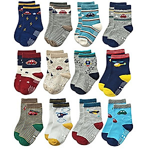 RATIVE Anti Skid Non Slip Slipper Cotton Crew Dress Socks With Grips For Baby Walker Toddlers Kids Boys 2T 3T (1-3T, 12-pairs/RB-71112)